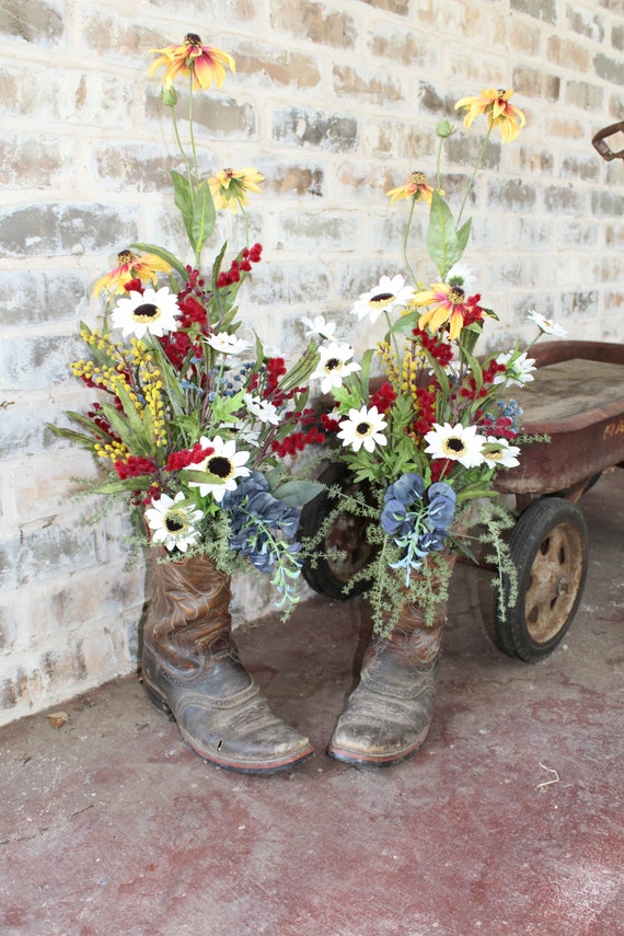 Home Décor Ridden hard Cowboy boots with wild flowers Floral ...