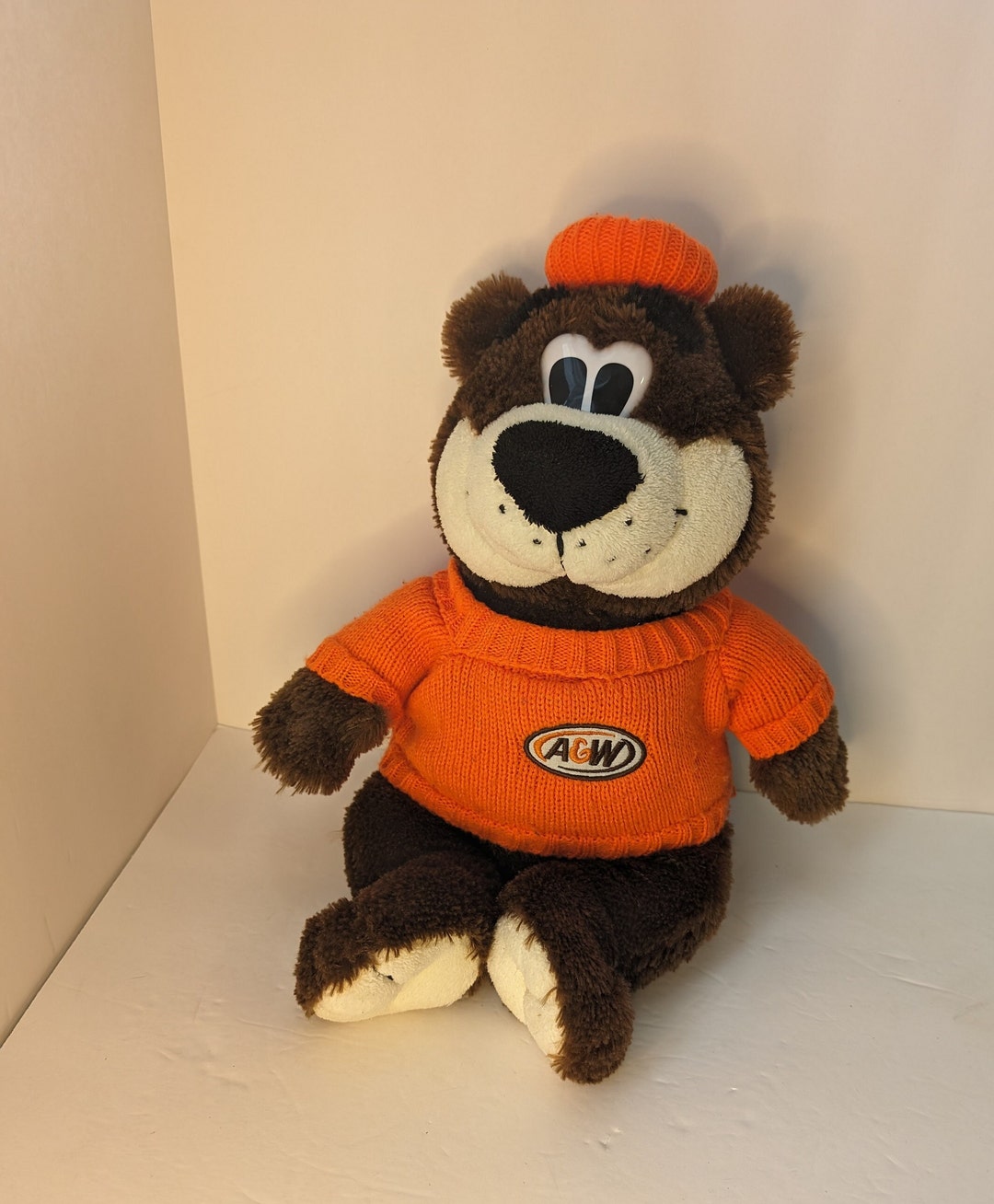 Plush A&W Root Beer Mascot Brown Bear With Orange Sweater and Hat. - Etsy