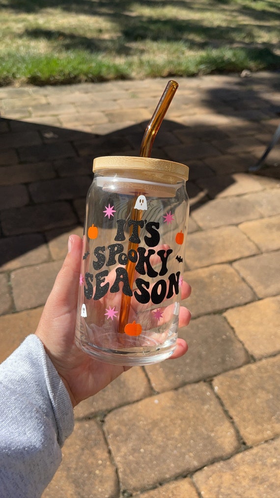 Bamboo Lid Libbey Glass Soda Can Cup Cute Ghost Pattern Halloween Beer ...