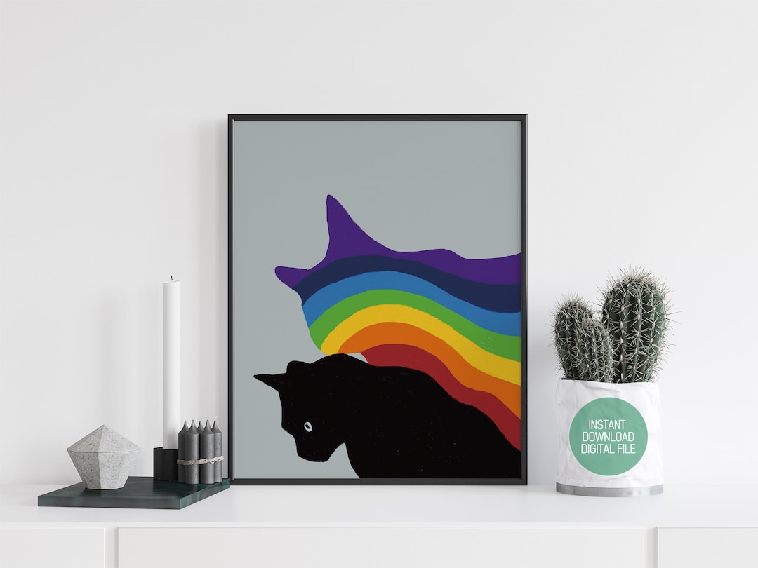 Rainbow Cute Cat, Printable Cat Artwork, Nursery Wall Art, Bedroom ...