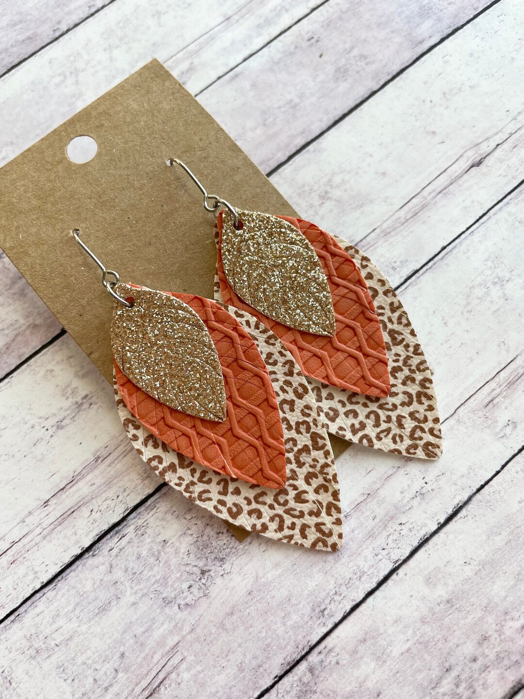 Champagne Glitter, Muted Orange and Leopard Print Triple Layered Faux ...