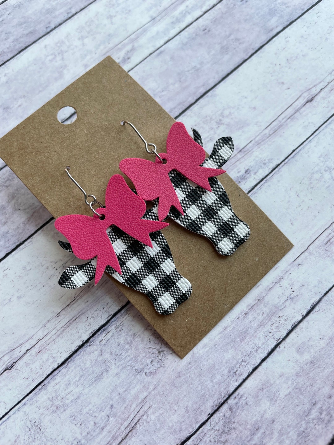 Plaid Cow Head With Pink Bow Double Layered Faux Leather Stainless ...