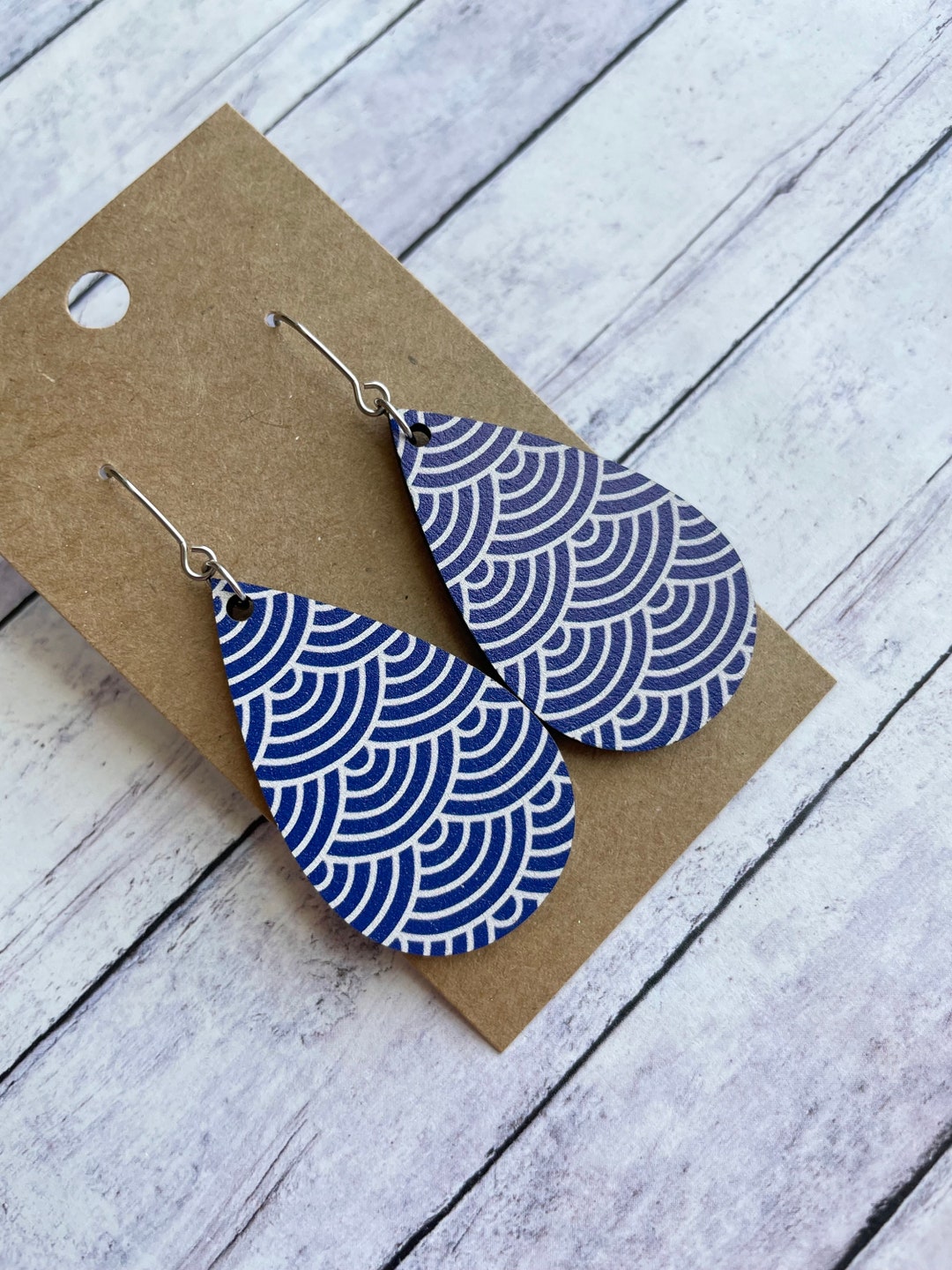 Dark Blue Mermaid Scale Patterned Wood Stainless Steel Earrings - Etsy