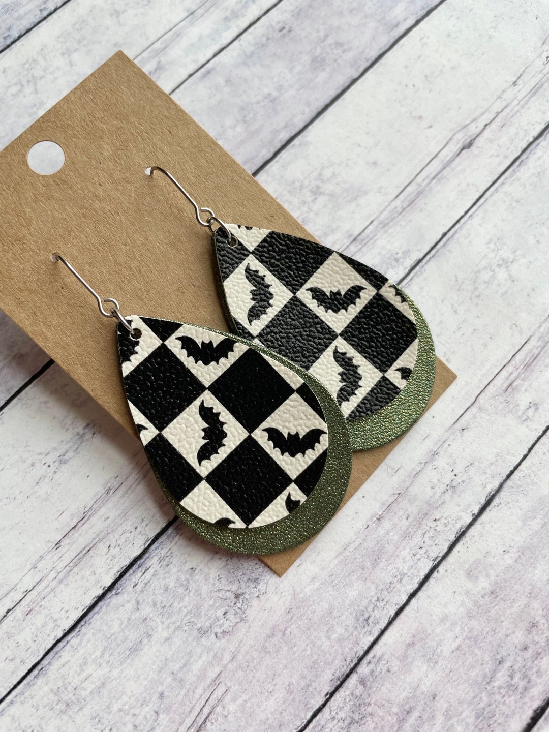Bat Checker Print and Dark Green Double Layered Faux Leather Dangles ...
