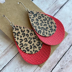 Leopard Print and Metallic Red Double Layered Faux Leather Dangles ...