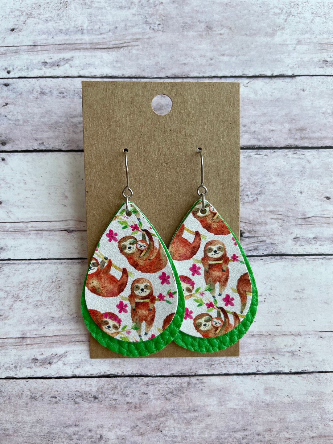 Floral Sloth Print and Green Double Layered Faux Leather - Etsy