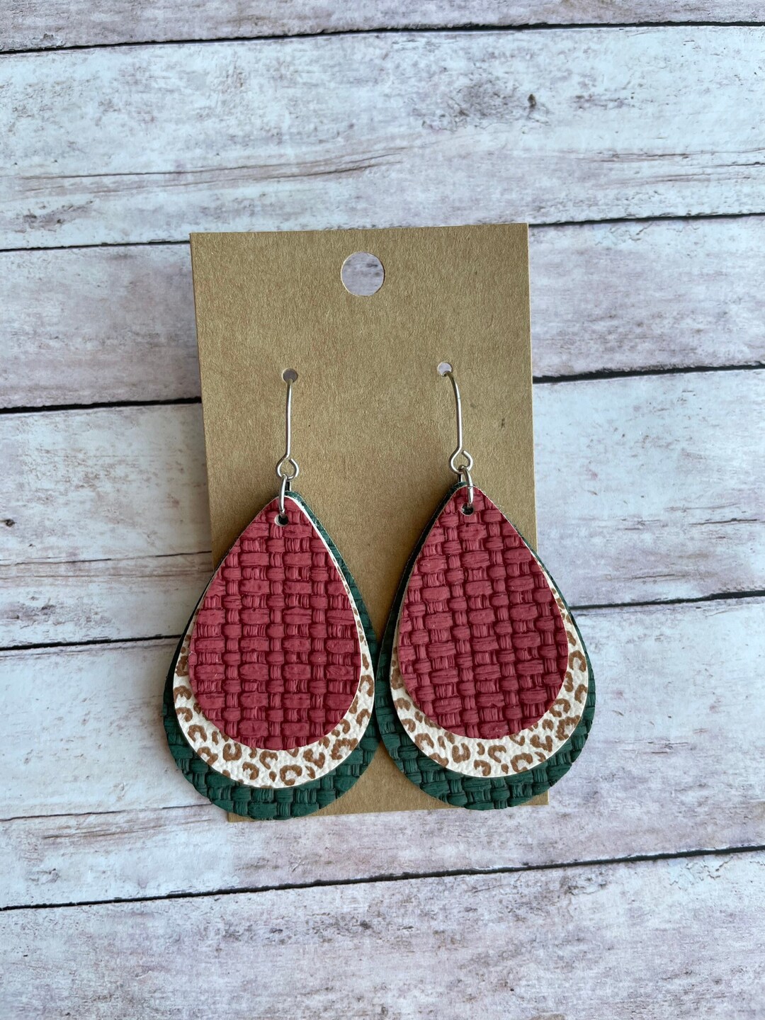 Muted Red, Leopard Print and Green Triple Layered Faux Leather ...