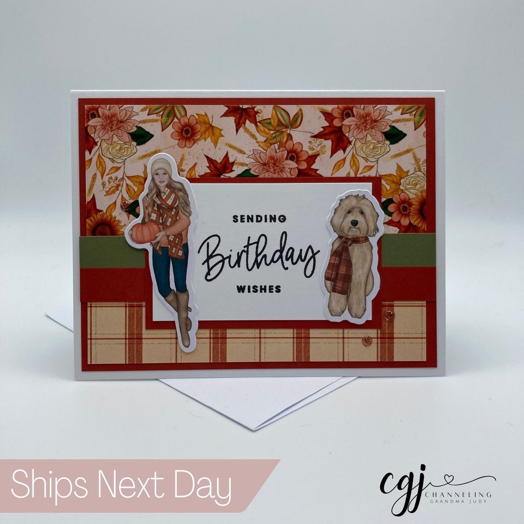 Fall Happy Birthday Card Handmade With Envelope Autumn Leaves Dog ...