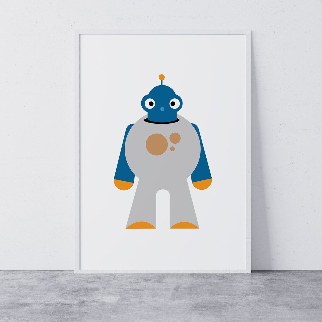 Kids Wall Art: Blue Gray Orange Alien Astronaut Character. Fun ...