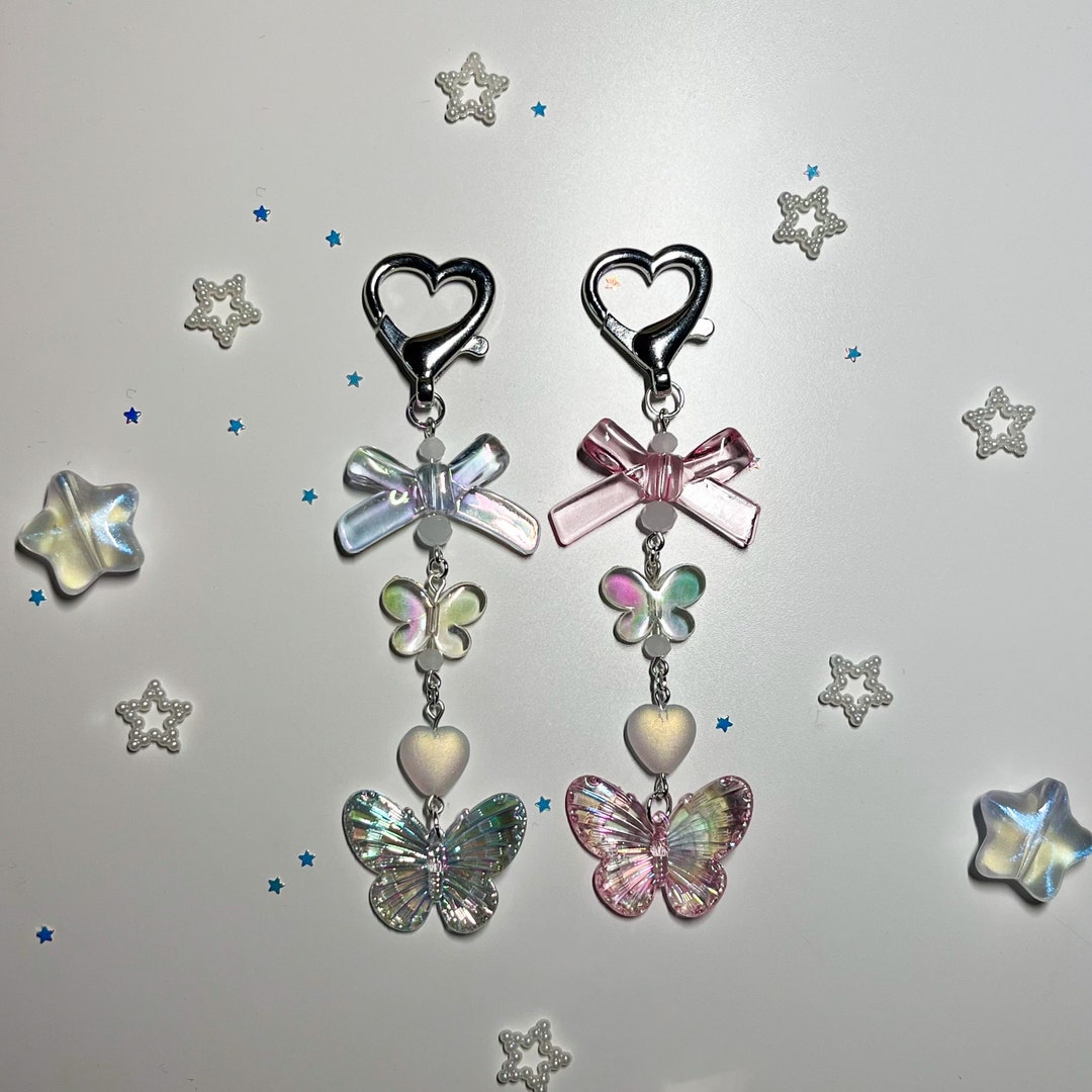 Butterfly Princess Beaded Charm | Keychain Pink White Cute Ribbon Edgy ...