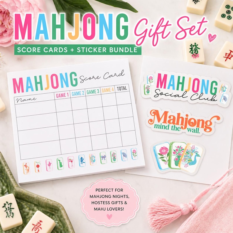 Mahjong Gift Set – Score Card Notepad + Sticker Bundle, Mahjong Hostess ...