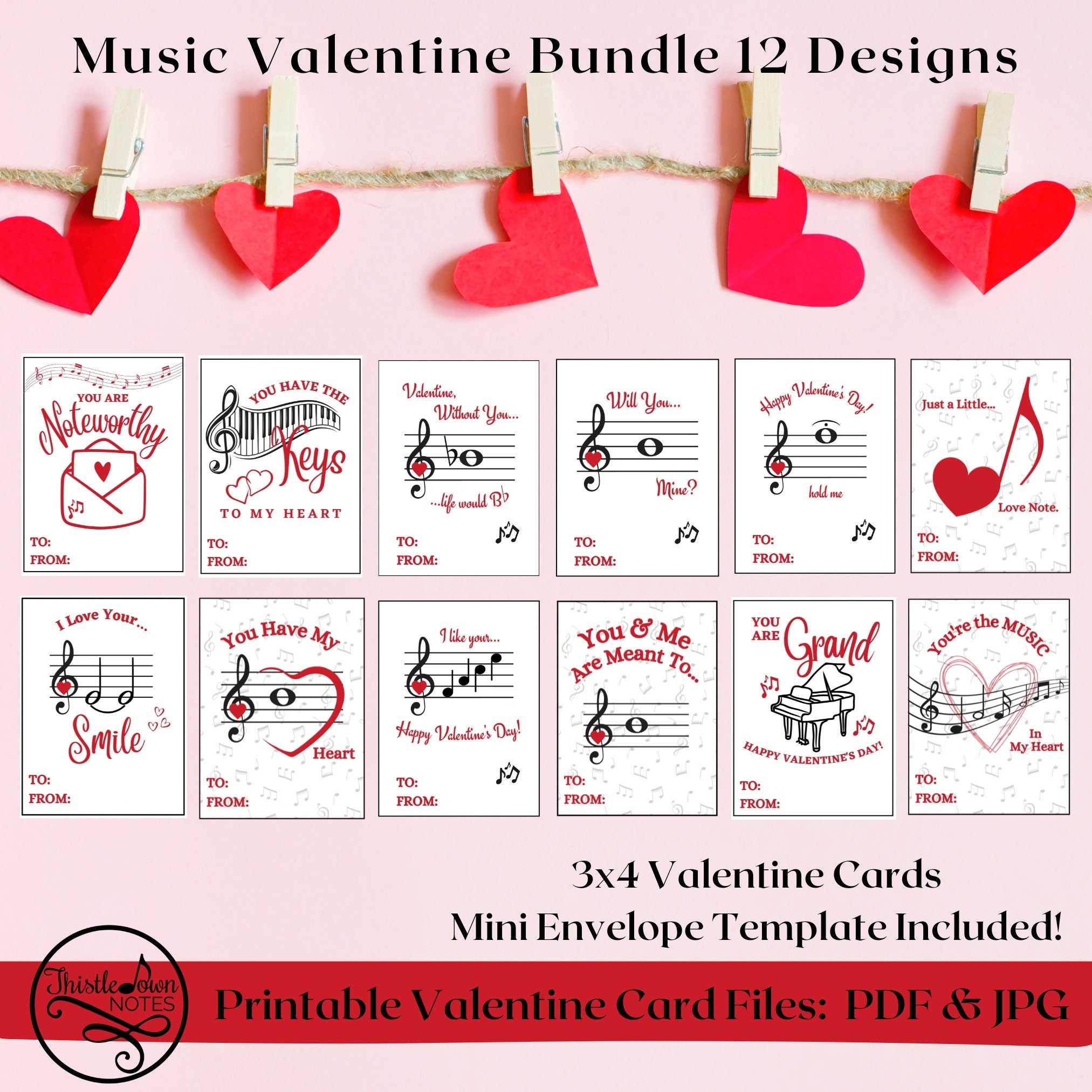 Kid Music Valentine Cards Bundle 12 Designs 3x4 Printable Cards and ...