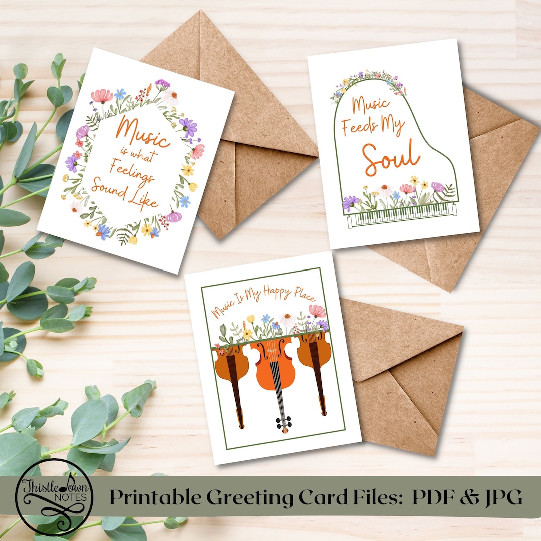 Music Greeting Cards 4X6 Set of 3 Instant Download Printable Card and ...