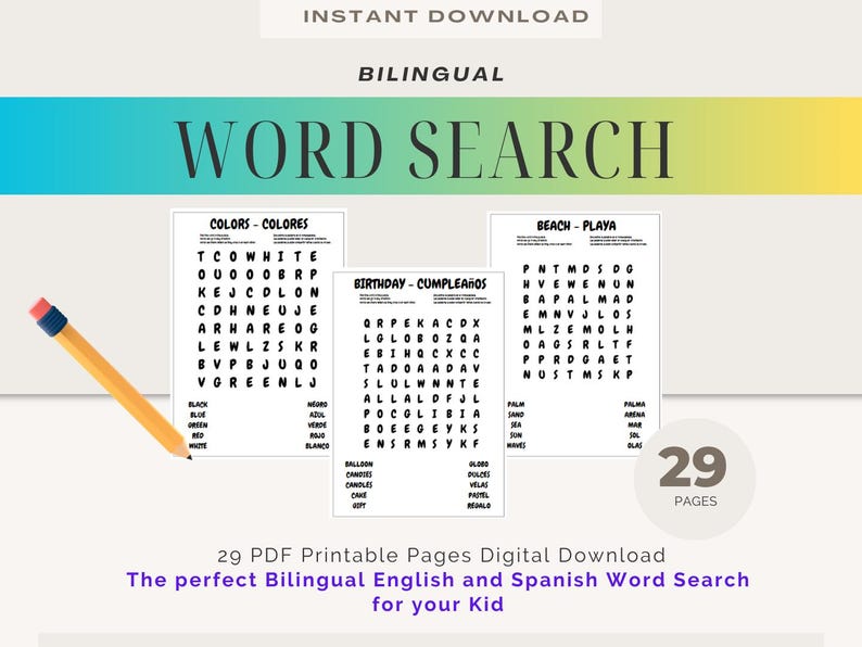 Bilingual English Spanish Word Search Printable Bundle: 29 Fun-filled ...