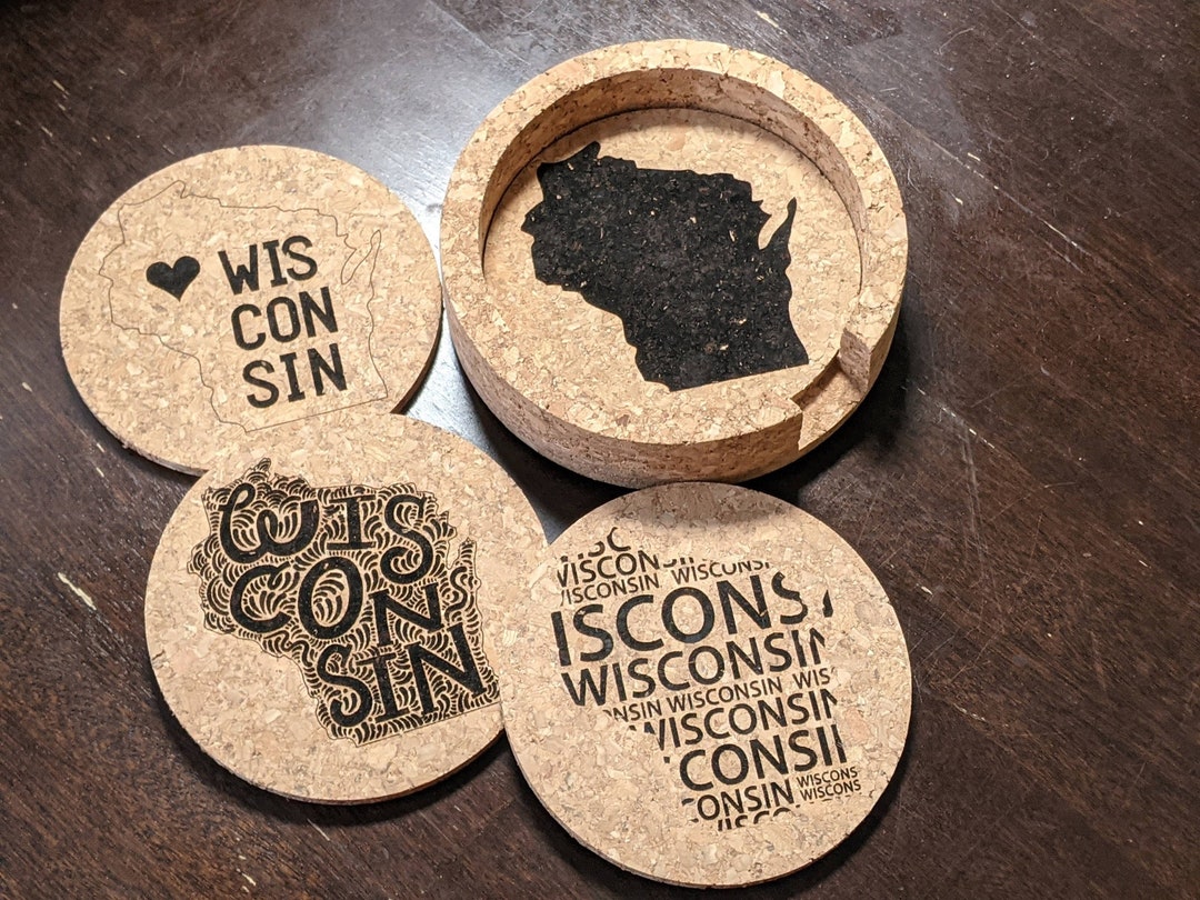 Wisconsin Coasters (cork) - Set of 4, Engraved Coasters, Wisconsin Gift ...