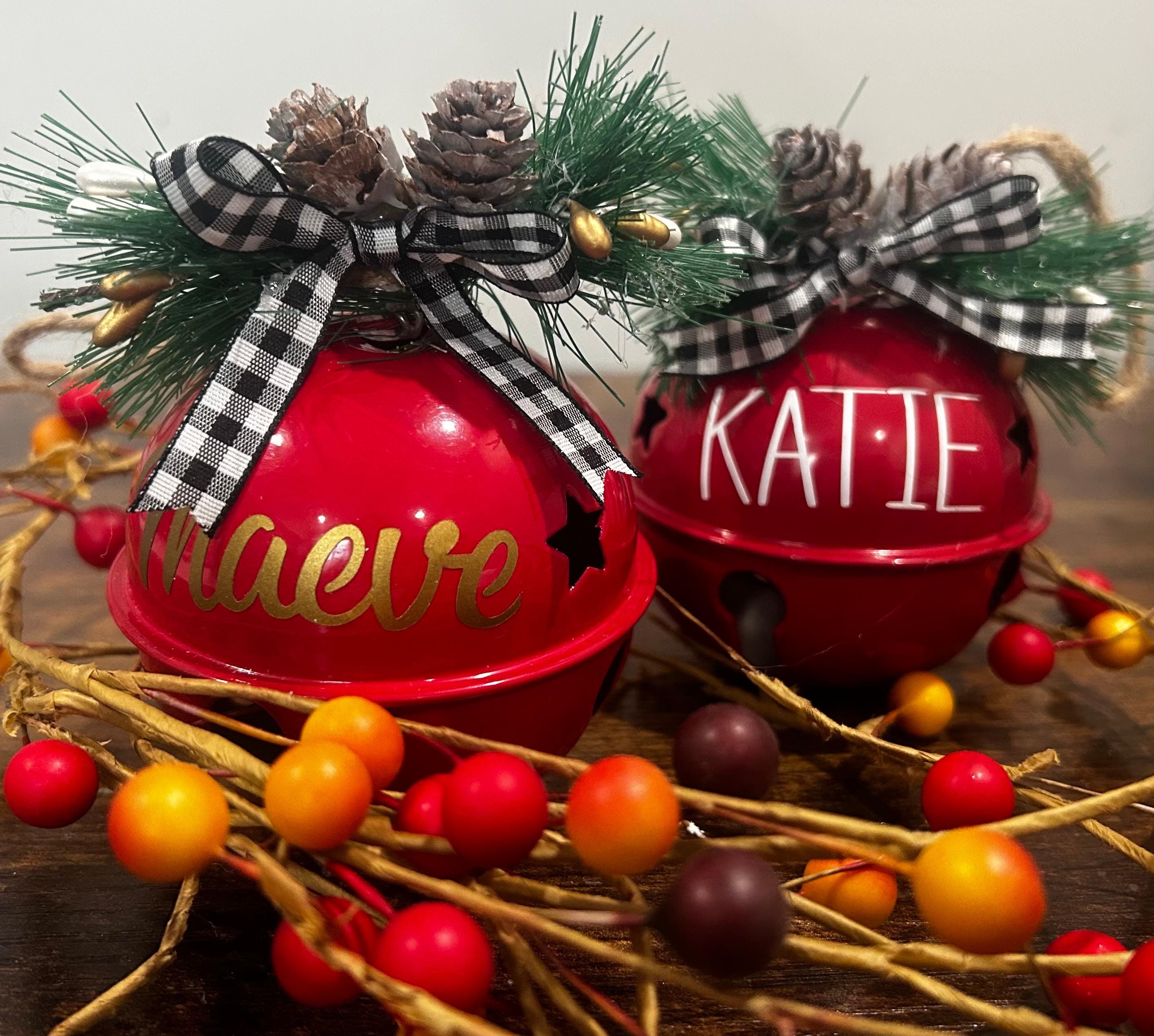 Personalized Christmas Rustic Bell Ornament, Large Metal Red Jingle ...