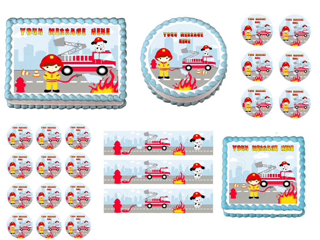 FIRETRUCK Firefighter Fireman Edible Cake Topper Image - Etsy