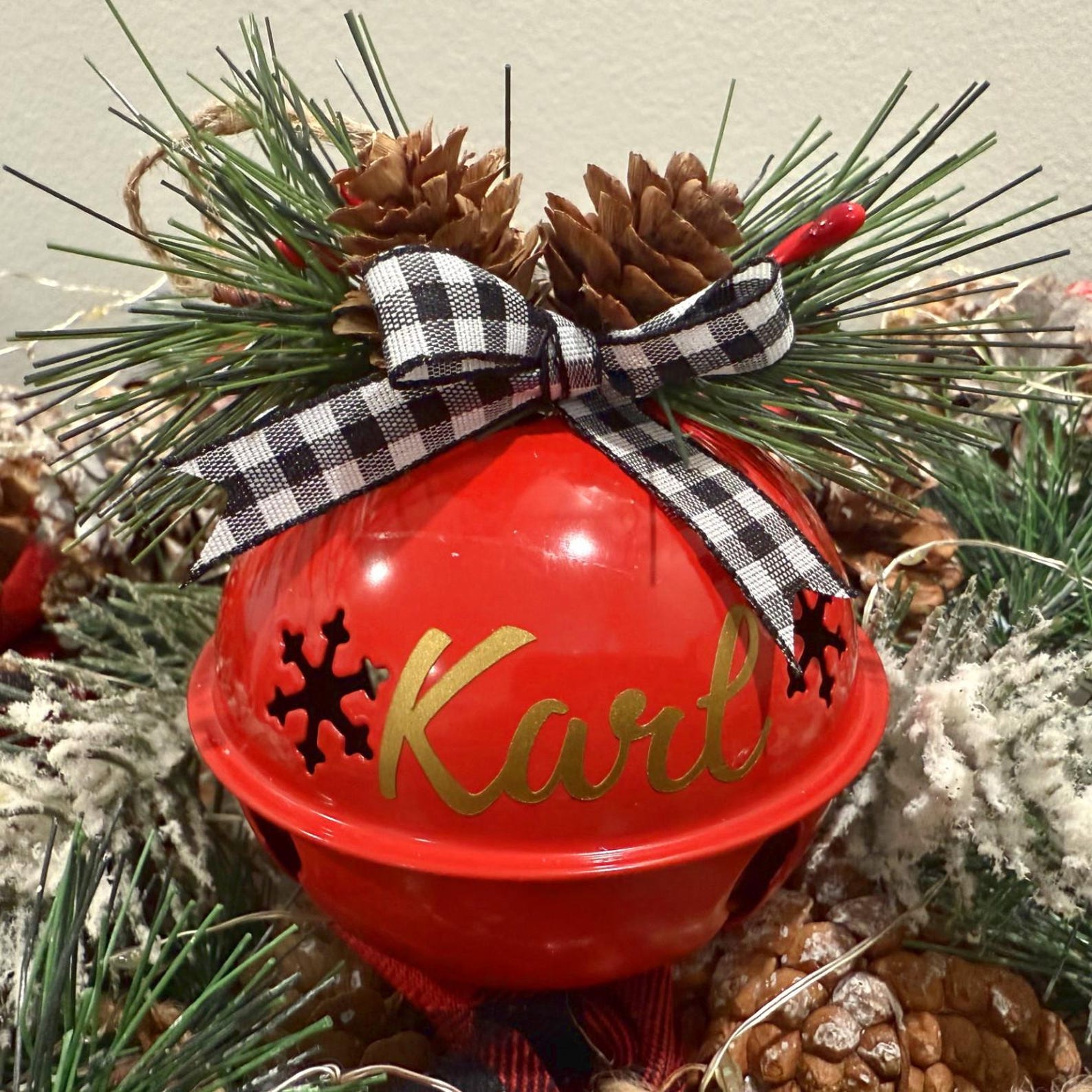 Personalized Christmas Rustic Bell Ornament, Large Metal Red Jingle ...
