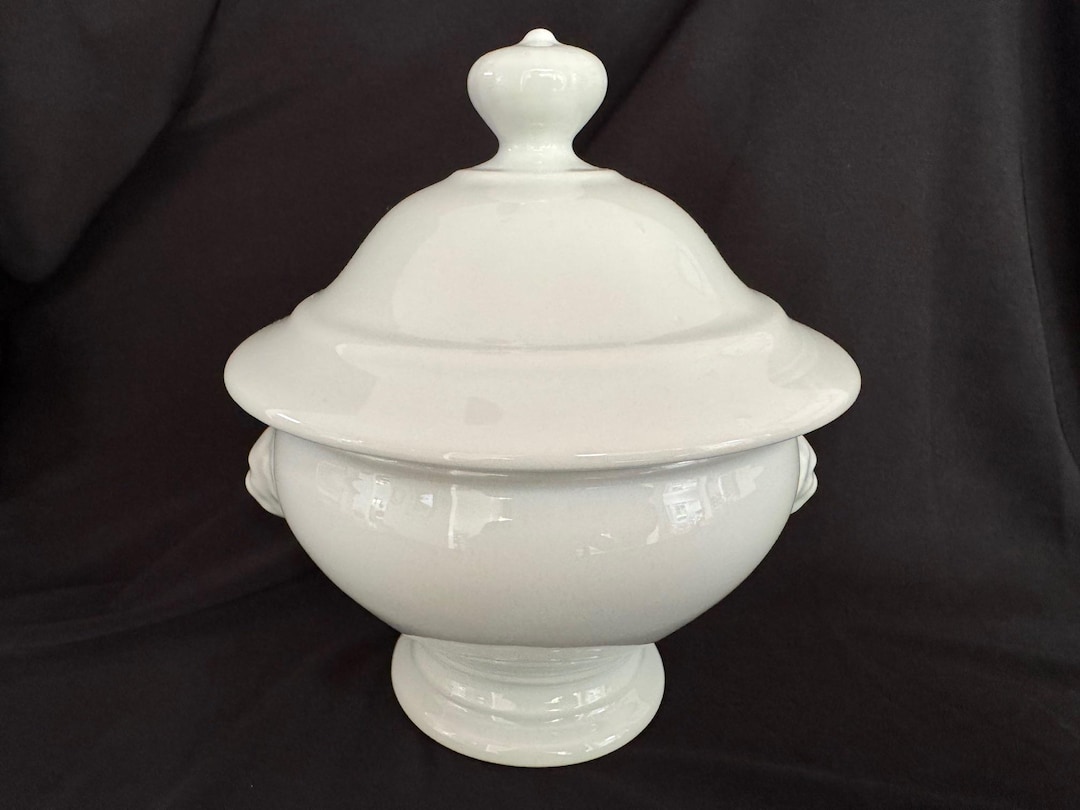 Apilco French White Porcelain Lions Head Soup Bowl With Lid, Made in ...