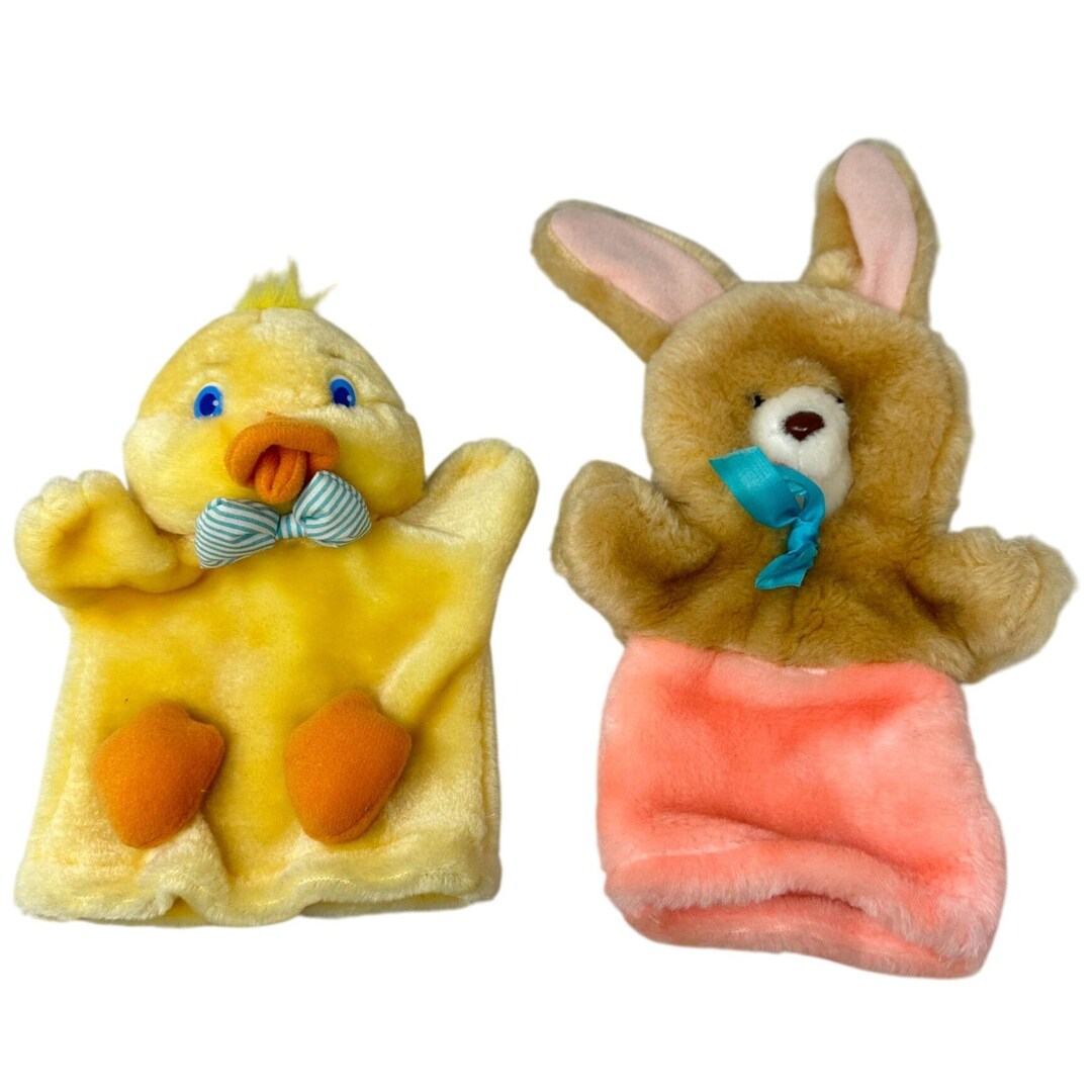 Vintage Animal Fair Plush Bunny Rabbit Hand Puppet Peach Body Blue ...