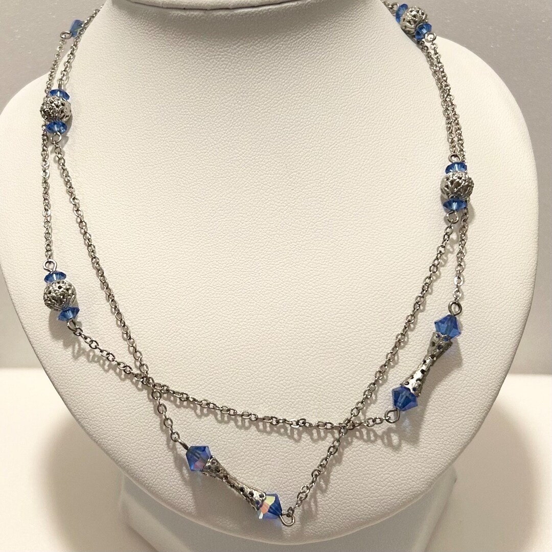 Vintage Flapper Station Necklace With AB Coated Faceted Blue Crystals ...