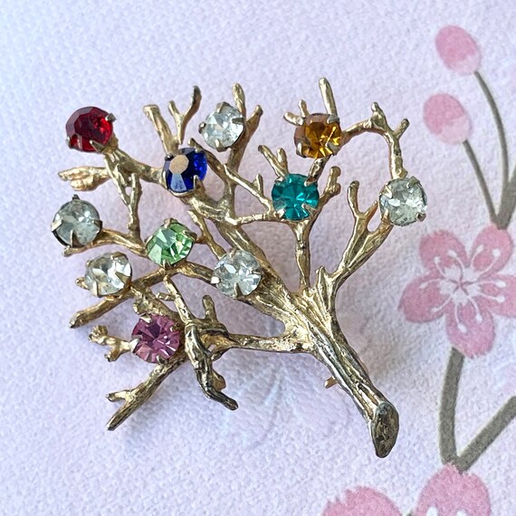 Vintage Tree of Life Brooch: Vermeil Sterling, Multi-… - Gem
