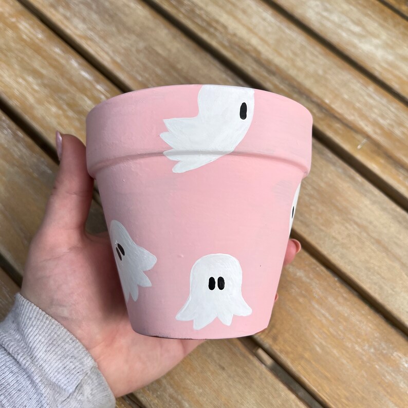 Hand-painted Ghost Pink Flower Pot Pastel Halloween Spooky Houseplants ...