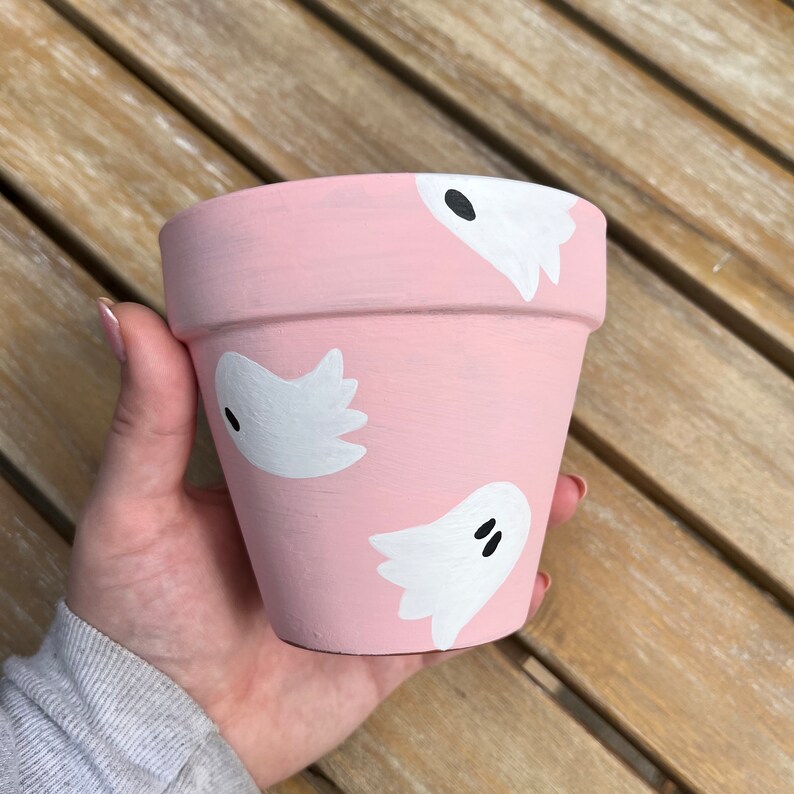 Hand-painted Ghost Pink Flower Pot Pastel Halloween Spooky Houseplants ...