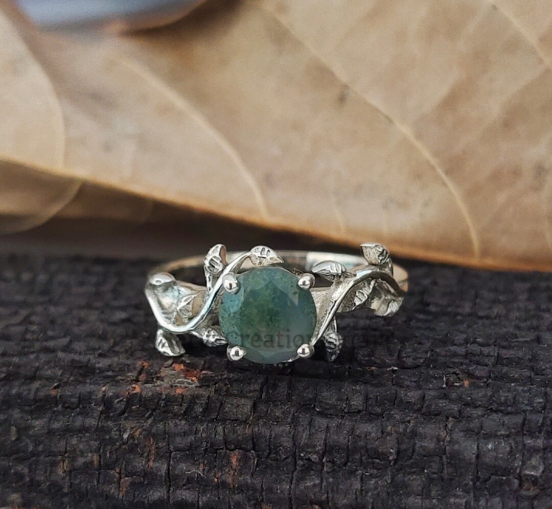Natural Green Moss Agate Ring, Nature Inspired Ring, Leaf Ring, 925 ...