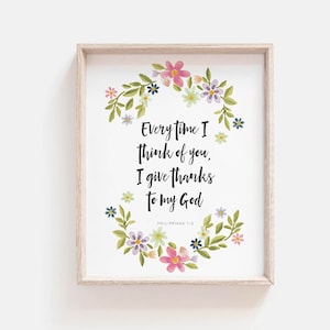 Philippians 1:3 Scripture Wall Art Print, Floral Bible Verse Poster ...