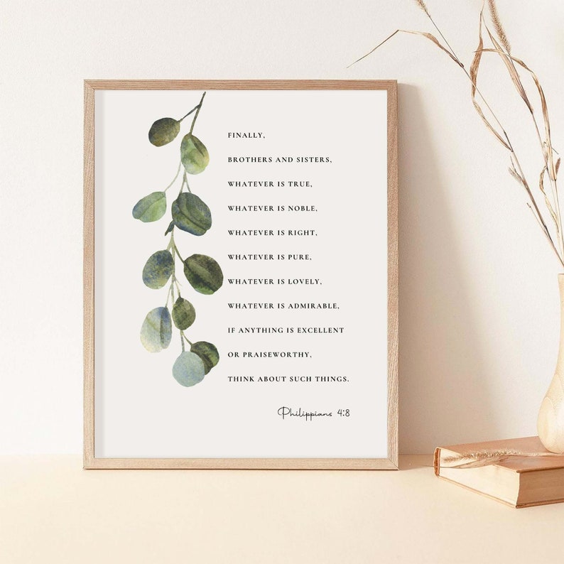 Philippians 4:8 Wall Art, Bible Verse Print, Botanical Scripture Wall ...