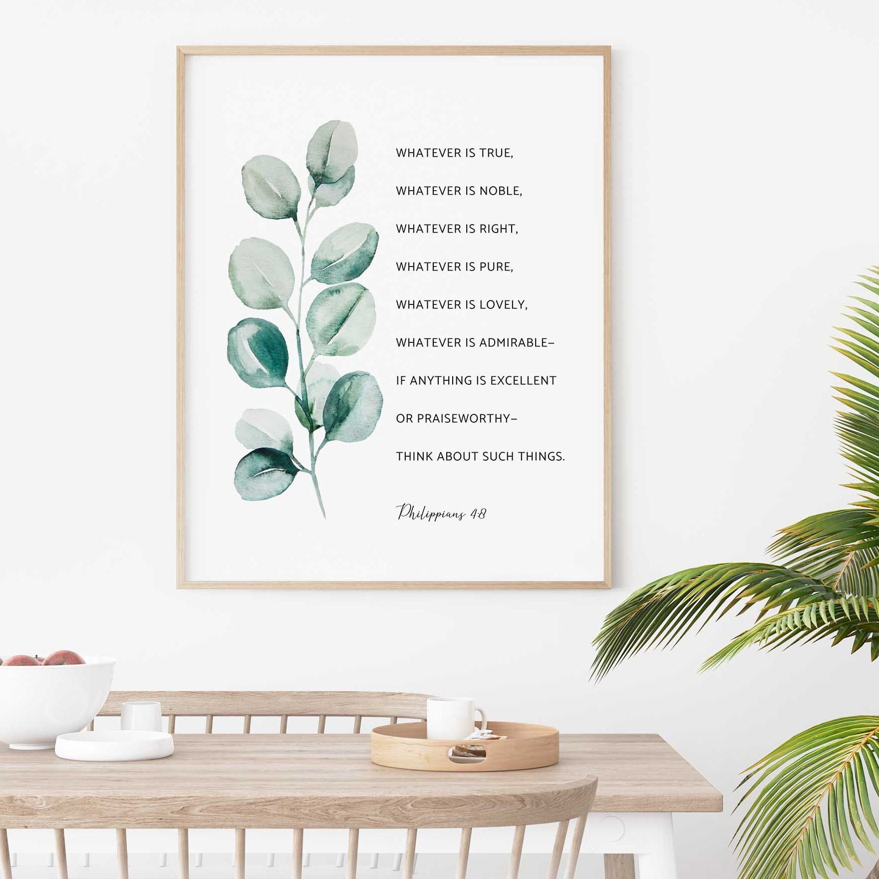 Philippians 4:8 Bible Verse Watercolor Botanical Scripture Wall Art ...