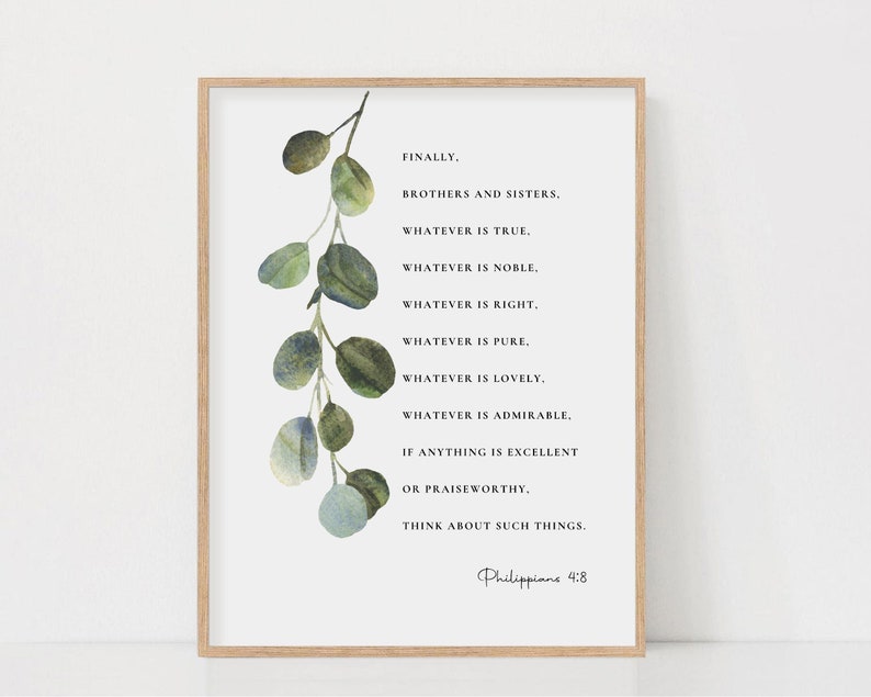 Philippians 4:8 Wall Art, Bible Verse Print, Botanical Scripture Wall ...