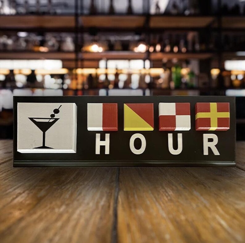 Frameless Cocktail Hour Nautical Flag Sign Coastal Bar Decor, Martini ...