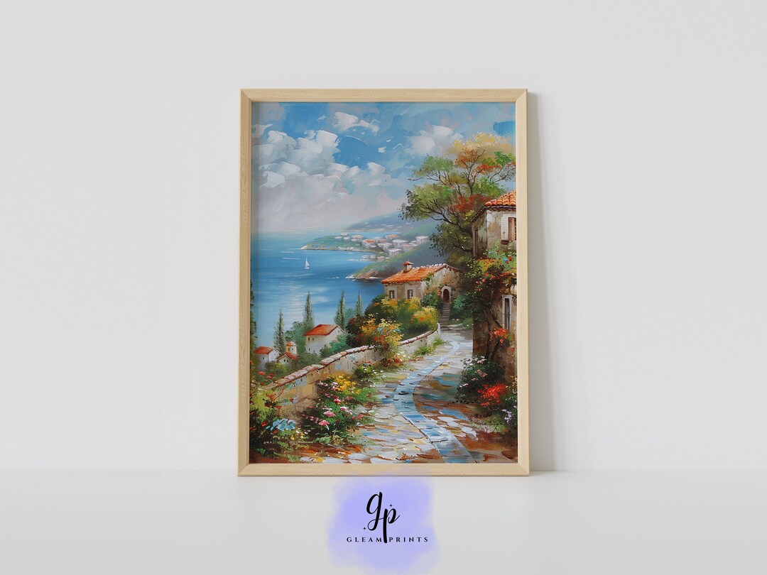 European Seaside Print | Ocean View Art | Floral Village Scenery ...