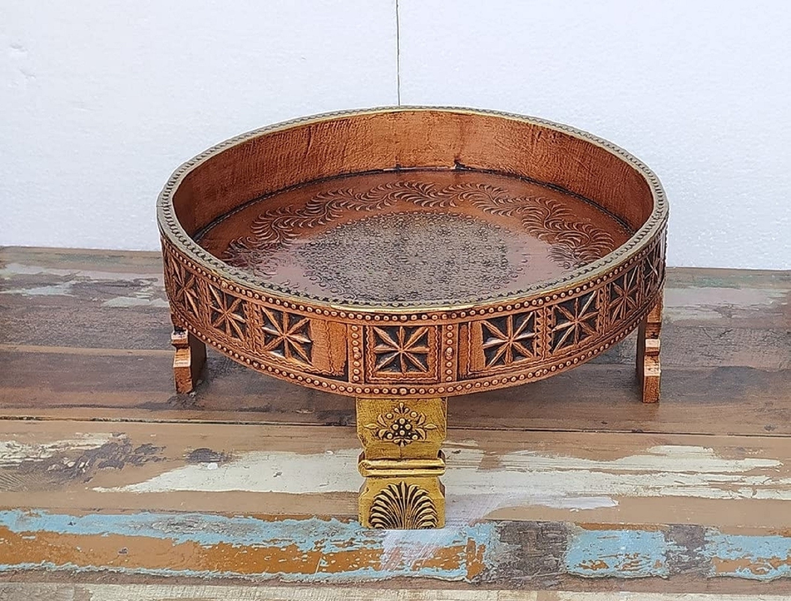 Handmade Chakki Table Beautifully Embossed Painted Metal Fitted Table ...