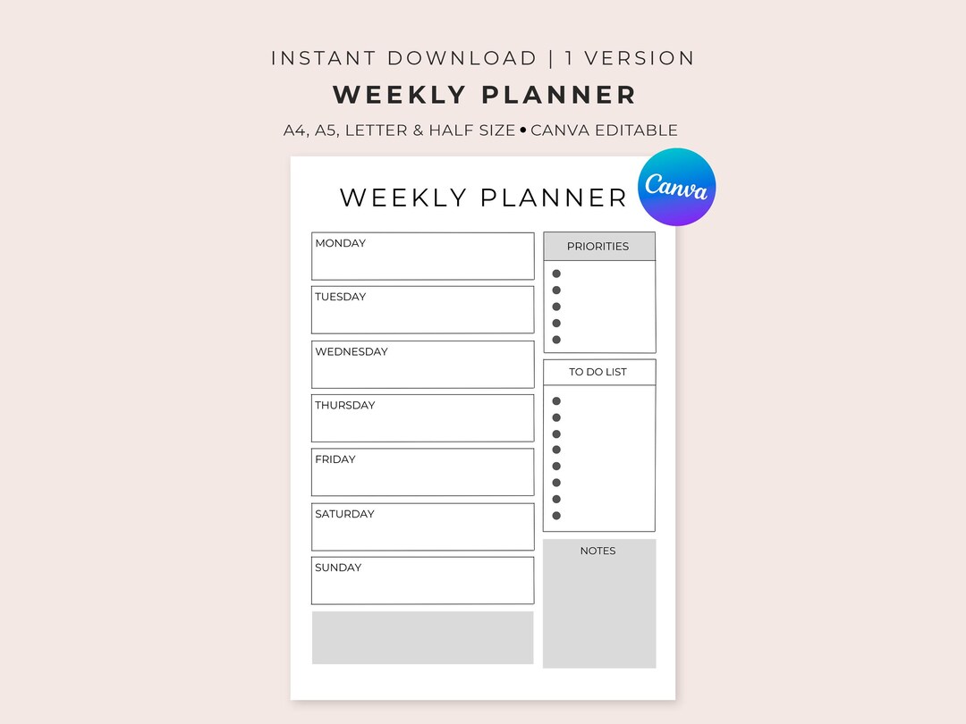 Simple Weekly Planner Template | Weekly To-do Organizer - Etsy