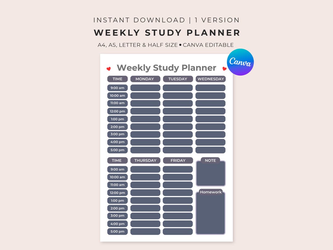 Weekly Study Planner Template - Printable & Canva Editable - Etsy UK