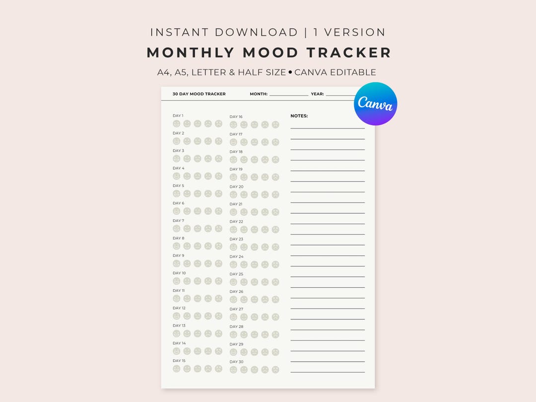 Editable Monthly Mood Tracker – Track Emotions - Etsy