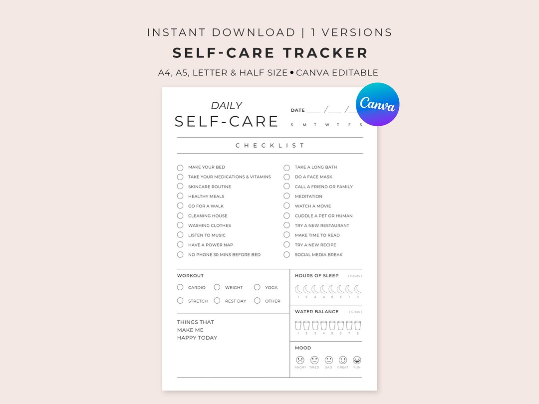 Daily Self-care Tracker, Printable Wellness Checklist, Self-care ...