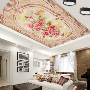 3D Pink Relief Rose C856 Ceiling Wallpaper Removable Self Adhesive ...