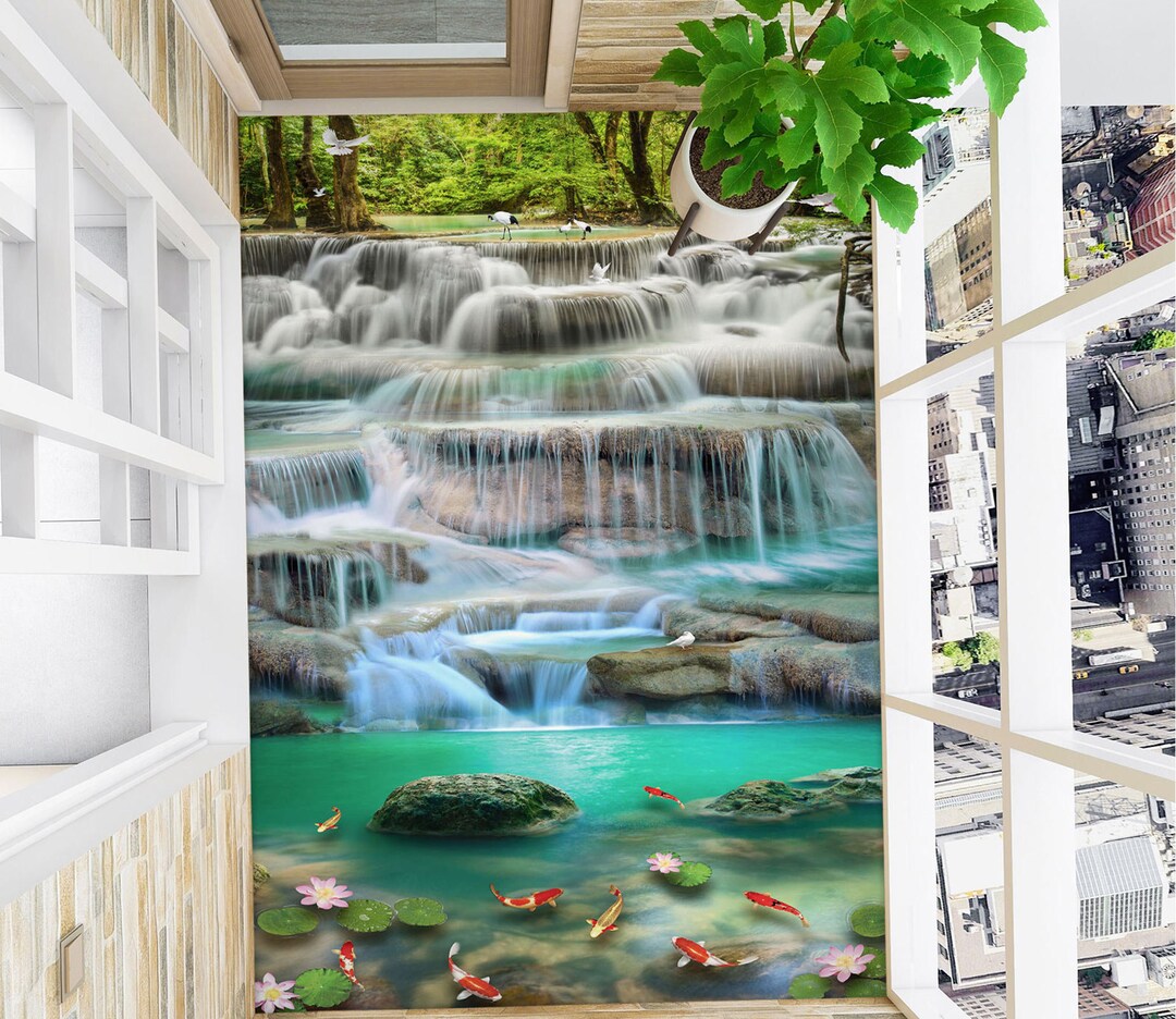3D Waterfall and Lotus 9285 Floor Wallpaper Murals Self-adhesive ...