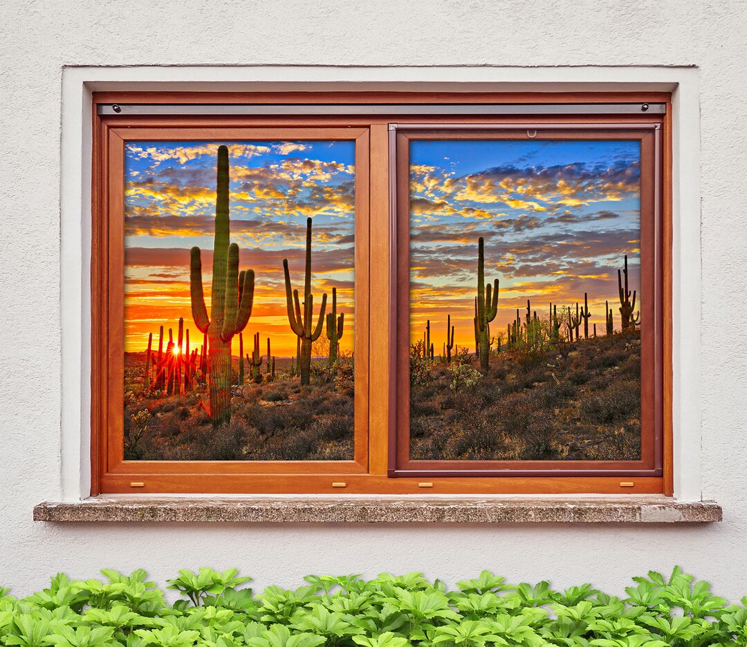 3D Sunset Green Cactus W6052 Window Film Print Sticker Cling Stained ...