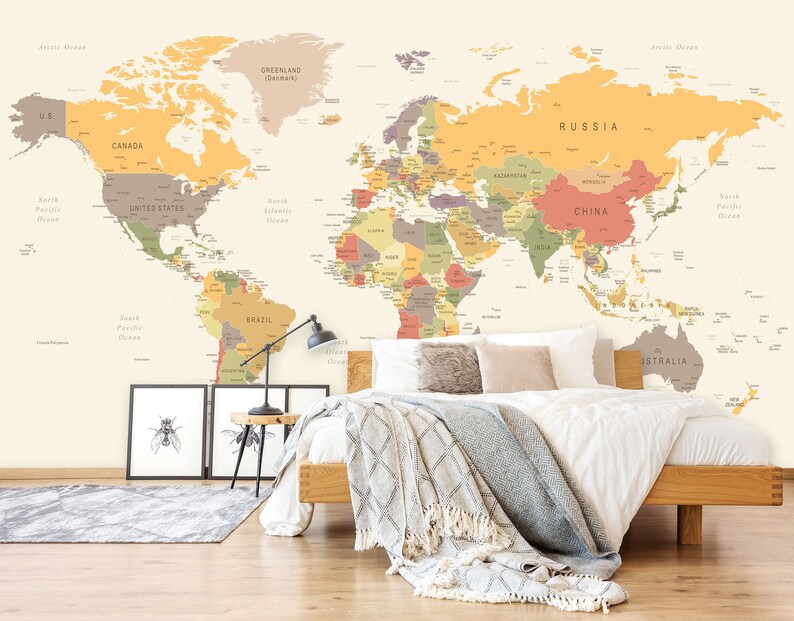Yellow World Map 027 Wallpaper Mural Self Adhesive Peel and Stick Wall ...