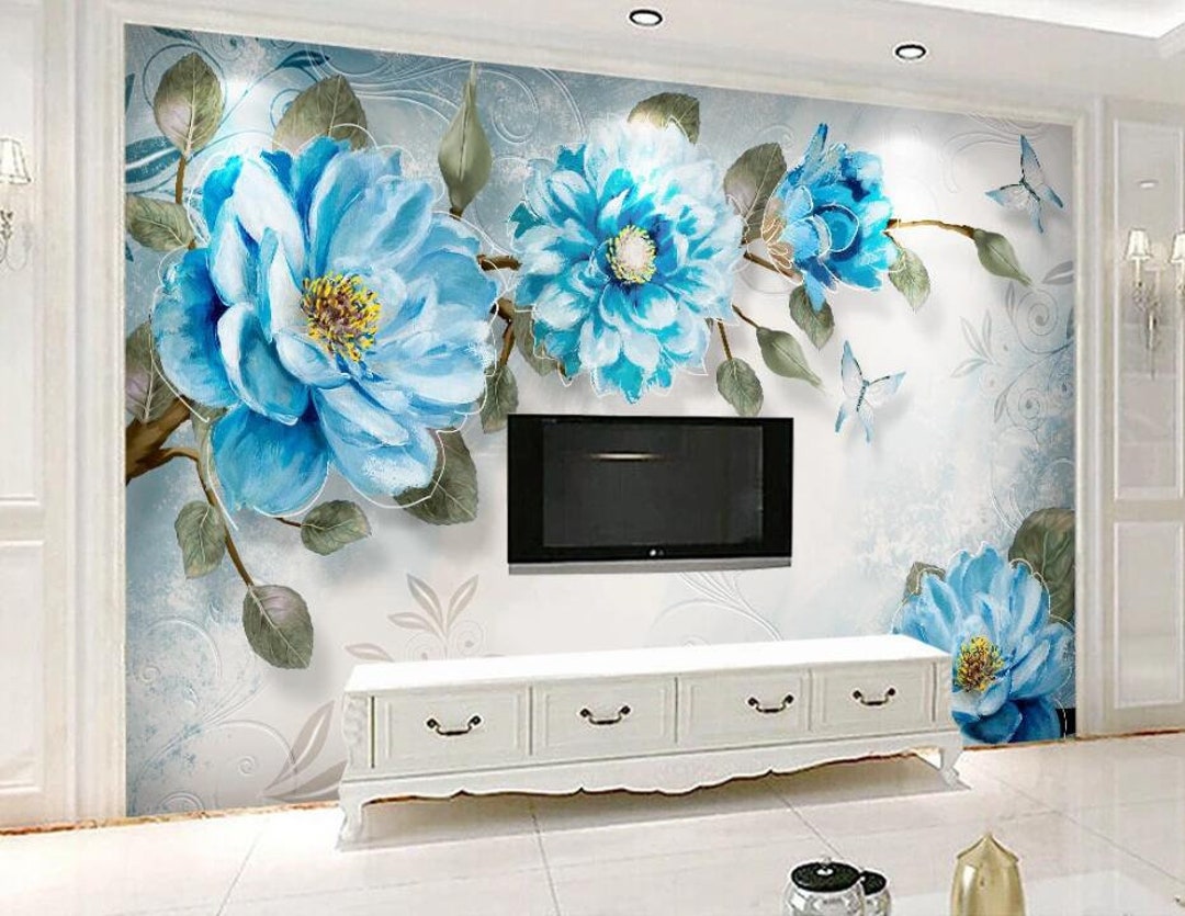 Blue Flower WC234 Wallpaper Mural Self Adhesive Peel and Stick Wall ...