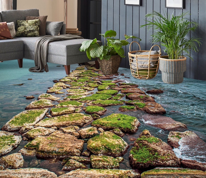3D Stones With Moss 7852 Floor Wallpaper Murals Self-Adhesive | Etsy