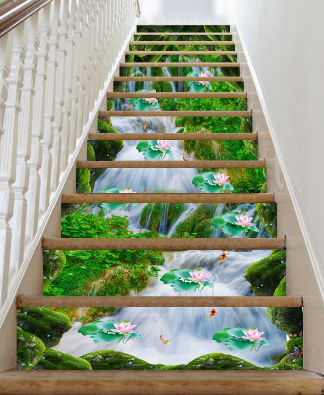 3D Waterfall Lotus S1145 Pattern Tile Marble Stair Risers Decoration ...