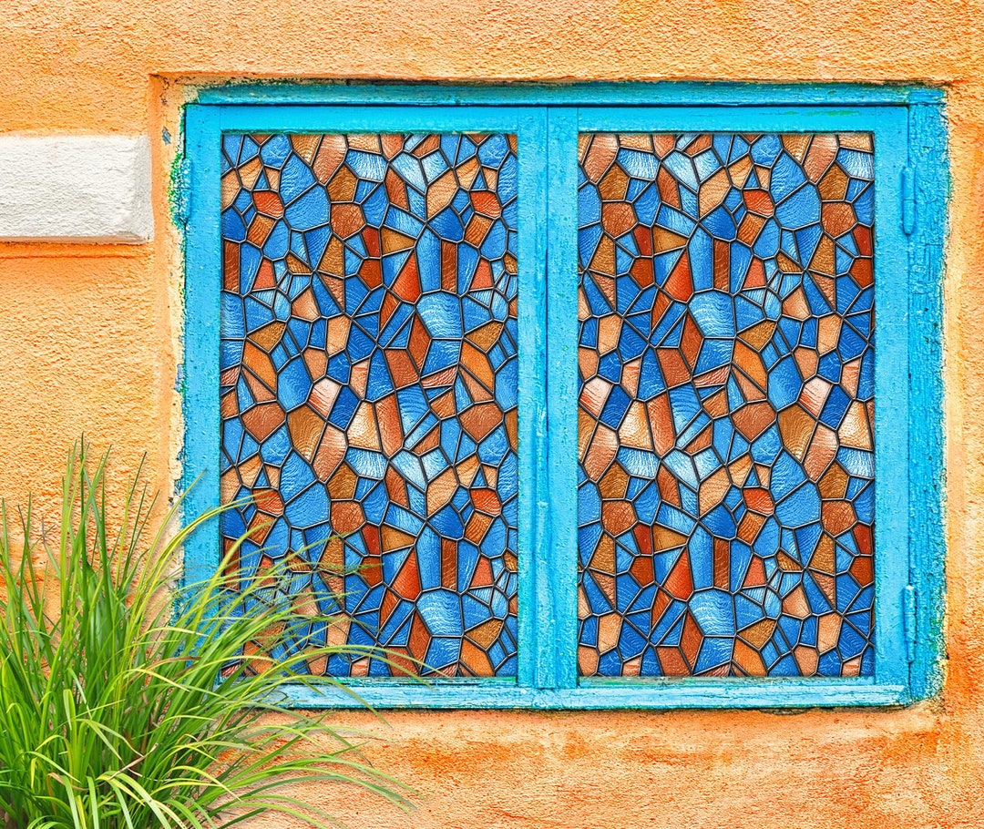 3D Blue Block W2421 Window Film Print Sticker Cling Stained Glass Xmas ...