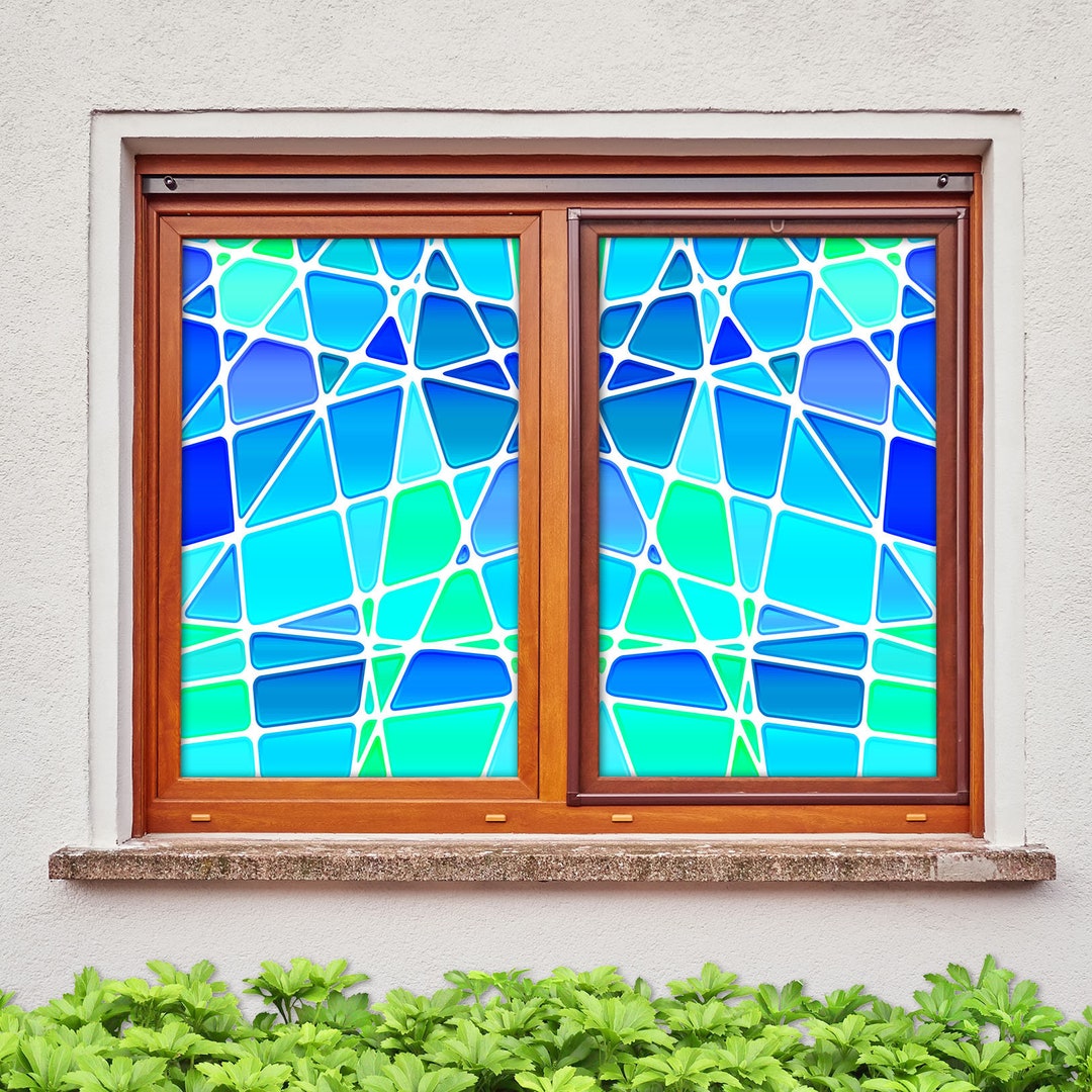 3D Blue Staggered W2252 Window Film Print Sticker Cling Stained Glass ...