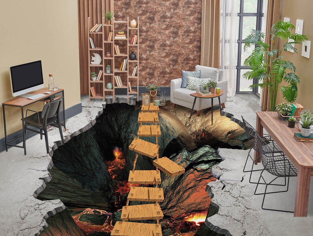 3D Volcano Bridge 1386 Floor Wallpaper Murals Self-adhesive Removable ...